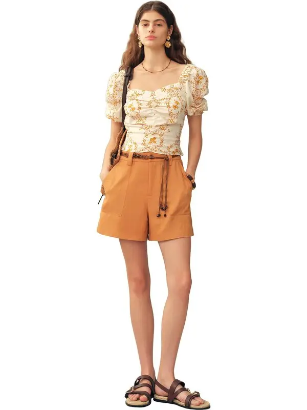 Fabrique Winnie Floral Embroidery Ruched Puff Sleeve Top - Multicolor