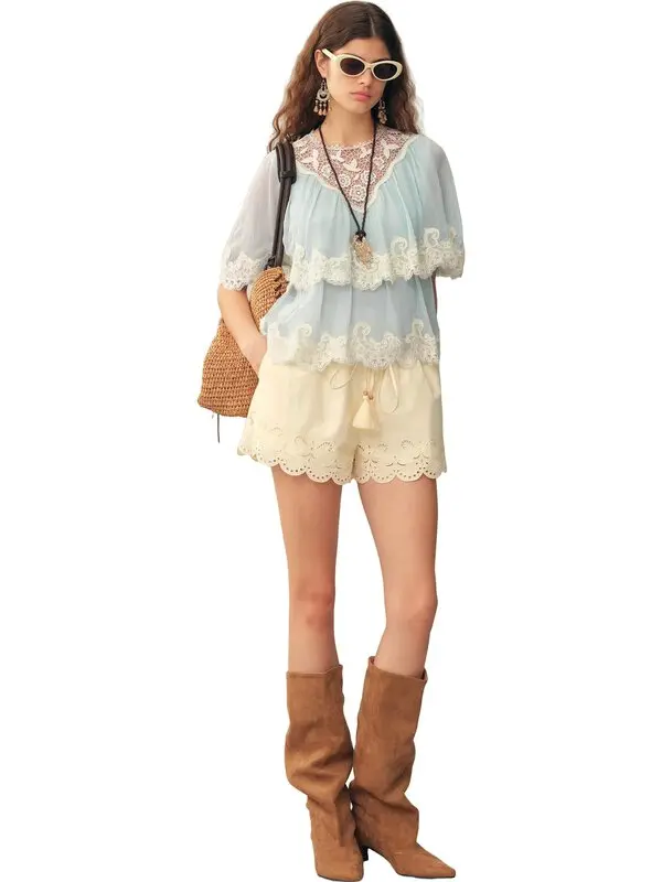 Fabrique Sophia Lace Embroidery Summer Cape Blouse - Blue