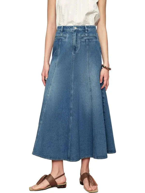 Fabrique Quilla A-line Midi Skirt In Washed Indigo Cotton Denim - Blue
