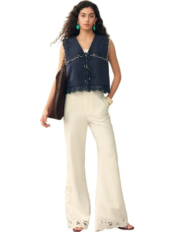 Fabrique Sleeveless Cotton Jacquard Top With Lace Trim And Sailor Collar - Blue