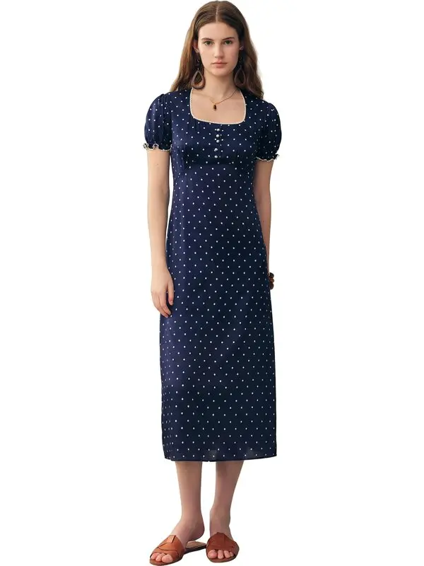 Fabrique Carole Polka Dot Silk Satin Blend Square Neck Puff Sleeve Dress - Blue