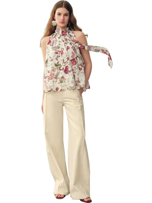 Fabrique Pernilla Pomegranate Floral Print Tie Neck Blouse In Stretch Silk Double Crepe - Multicolor