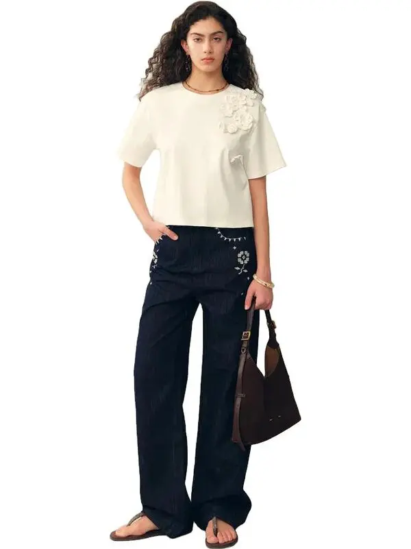 Fabrique Celine Cotton T-shirt With Hand-crochet Floral Embellishment And Pearl Beads - White