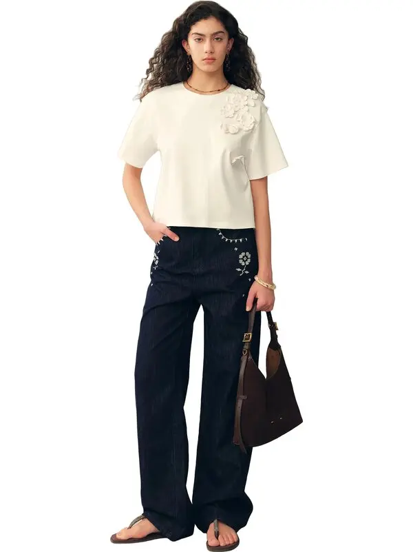 Fabrique Celine Cotton T-shirt With Hand-crochet Floral Embellishment And Pearl Beads - White