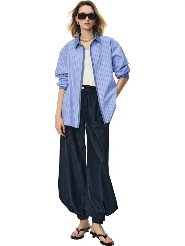 Fabrique Blair Contrast Collar Striped Cotton Poplin Shirt - Blue