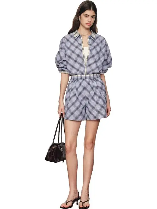 Fabrique Lia Plaid Seersucker Shirt And Shorts Set - Blue