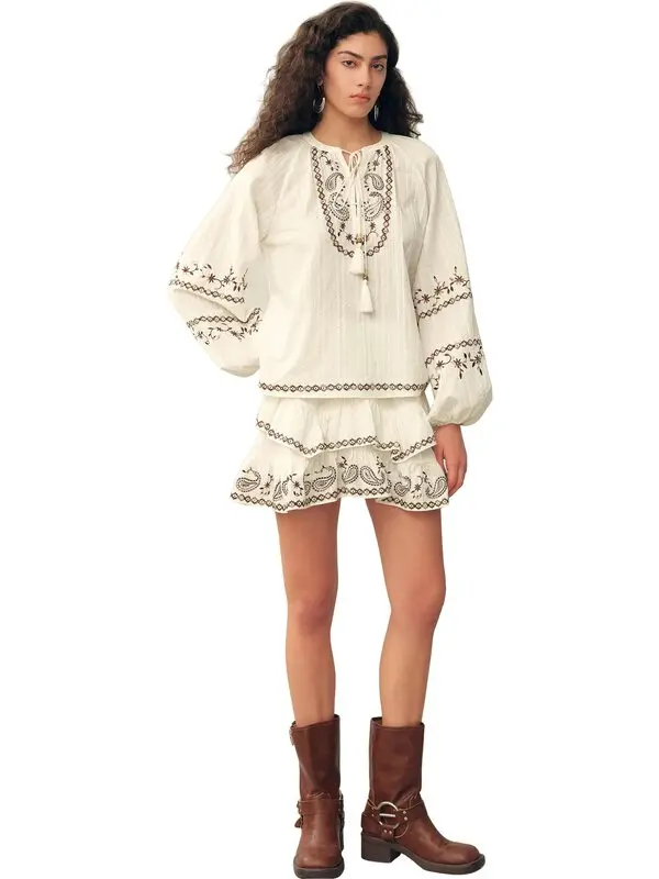 Fabrique Crinkled Cotton Embroidered Blouse And Tiered Skirt Set - White