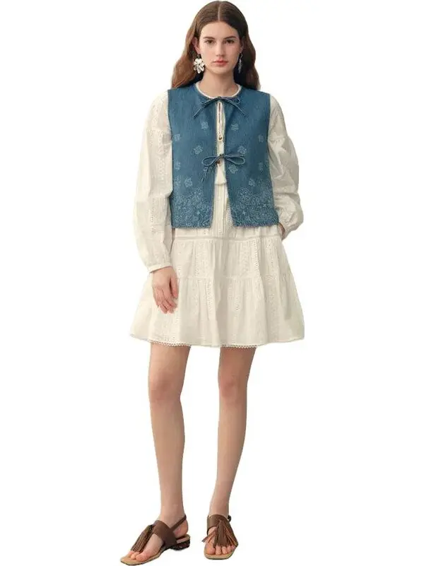 Fabrique Wren Paisley Sleeveless Vest Top In Cotton Denim - Blue