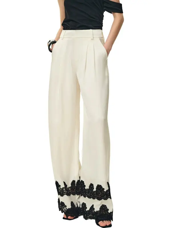 Fabrique Lace-trimmed Acetate Satin Wide-leg Pants - White