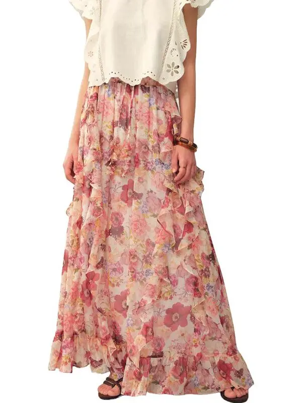 Fabrique Amélie Hand-painted Floral Print Tiered Ruffle Maxi Skirt - Multicolor