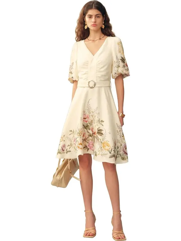 Fabrique Handpainted Floral Belted Puff Sleeve Dress - White