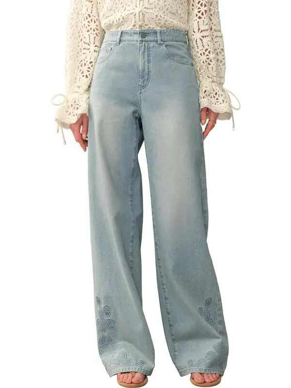 Fabrique Berthe Embossed Flowers Straight Leg Jeans - Blue