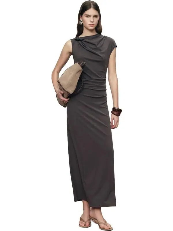 Fabrique Elara Ruched Dress In Tencel Wool Blend - Grey