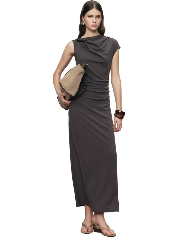 Fabrique Elara Ruched Dress In Tencel Wool Blend - Grey