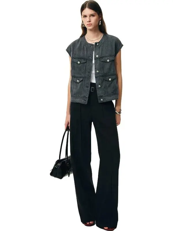 Fabrique Drew Washed Gray Collarless Denim Vest - Grey