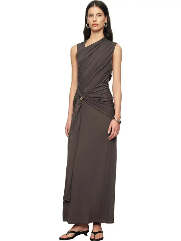 Fabrique Asymmetric Draped Sleeveless Maxi Dress In Wool Blend Knit - Grey