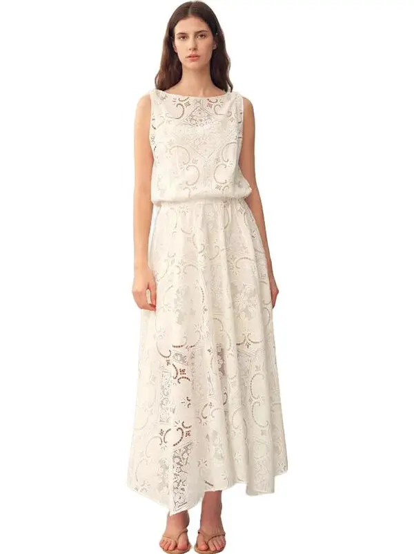 Fabrique Nellie Cutwork Embroidered Sleeveless Dress In Cotton With Lace - White