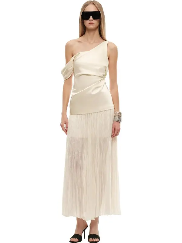 Fabrique Aura One-shoulder Ruched Pleated Maxi Dress In Mulberry Silk - White