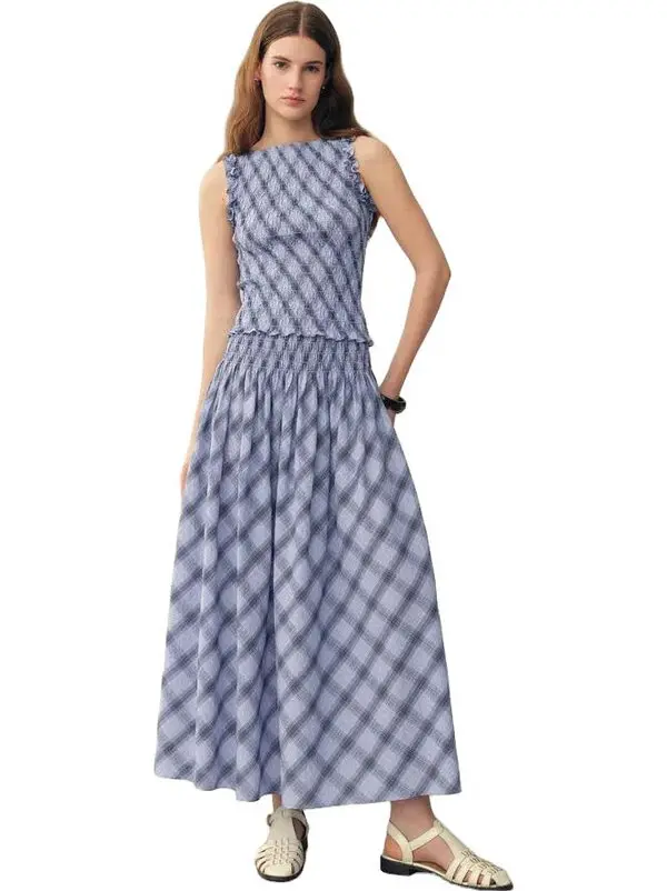 Fabrique Crystal Handworked Sleeveless Plaid Stretch Bubble Cotton Top And Skirt Set - Blue