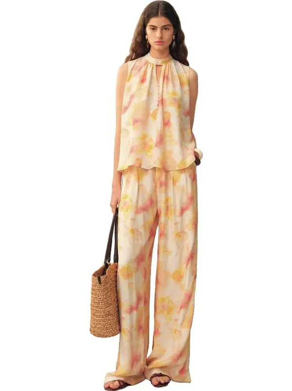 Fabrique Charlotte Handpainted Floral Silk Double Crepe Sleeveless Blouse And Pants Set - Multicolor