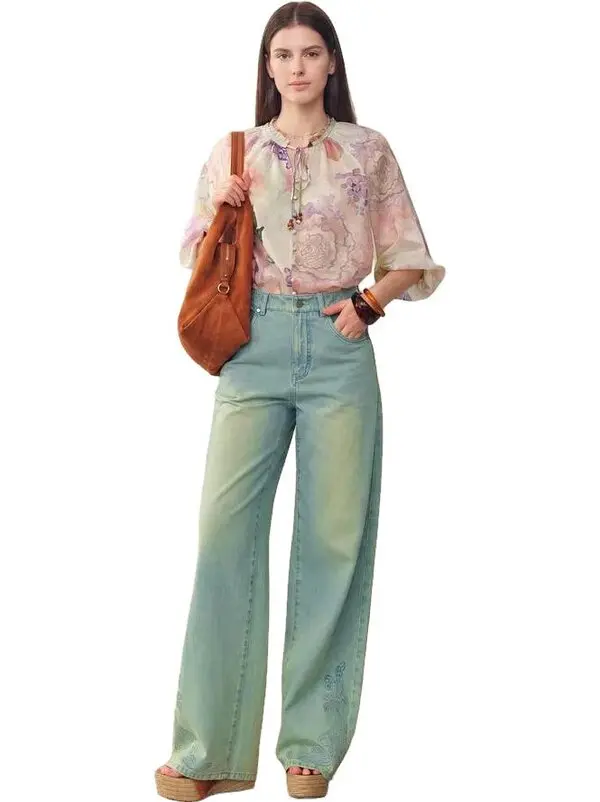 Fabrique Yori Handpainted Floral Sheer Beaded Puff Sleeve Blouse - Multicolor