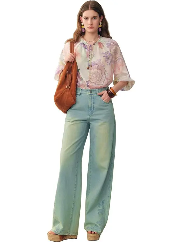 Fabrique Yori Handpainted Floral Sheer Beaded Puff Sleeve Blouse - Multicolor