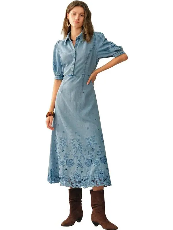 FABRIQUE Vinetta Puff Sleeve Midi Dress In Cotton Linen Denim - Blue