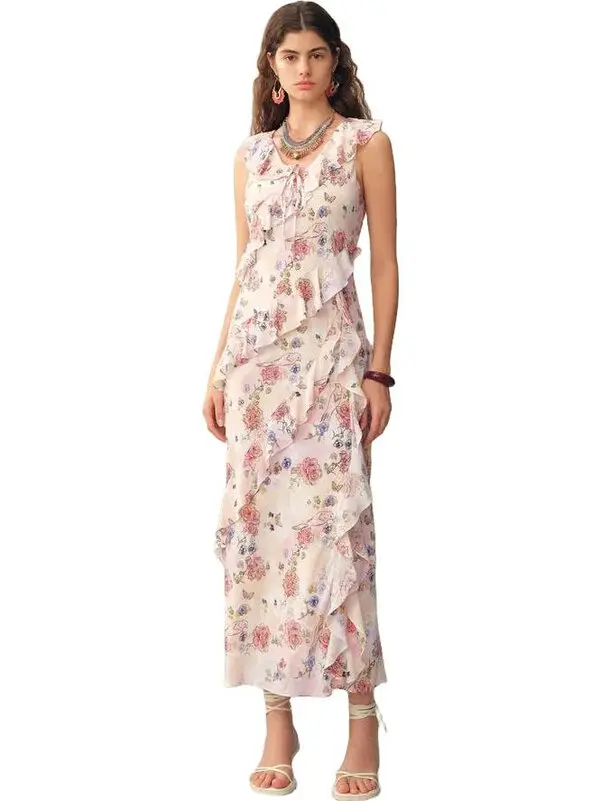 Fabrique Alice Handpainted Floral Bias Cut Ruffled Maxi Dress - Multicolor