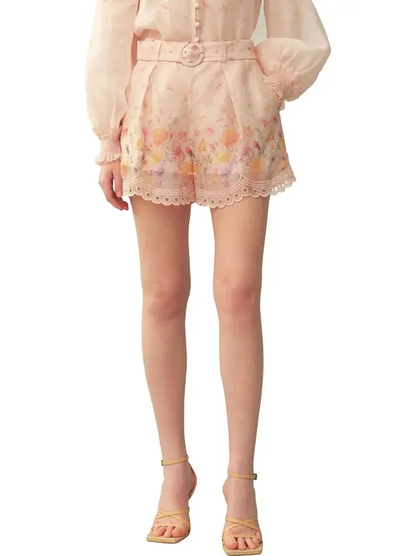 Fabrique Lillian Handpainted Floral Embroidery Belted Shorts In Silk Linen Organza - Orange