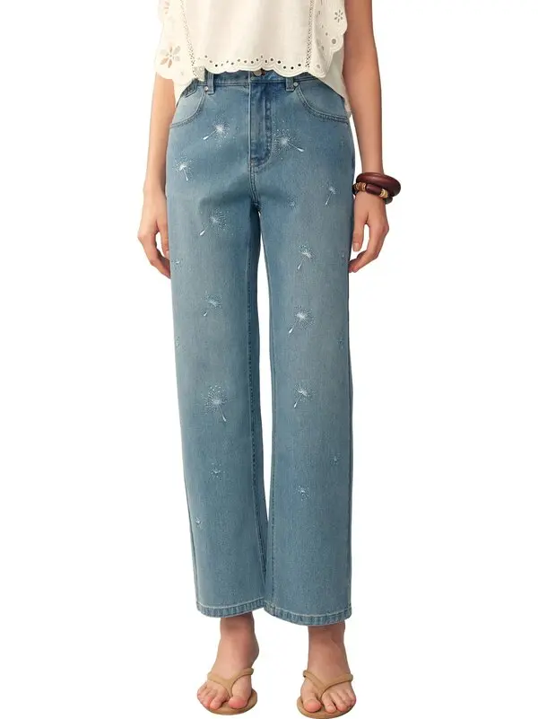 Fabrique Annette Embroidered Crystal Embellished Dandelion Cropped Straight Leg Jeans - Blue