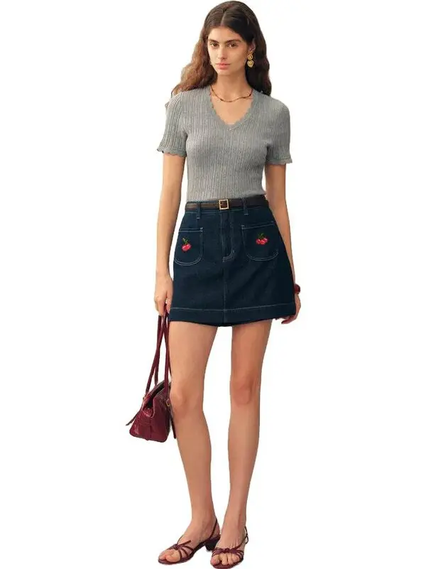Fabrique Evie V-neck Pointelle Short Sleeve Top In Cotton Knit - Grey