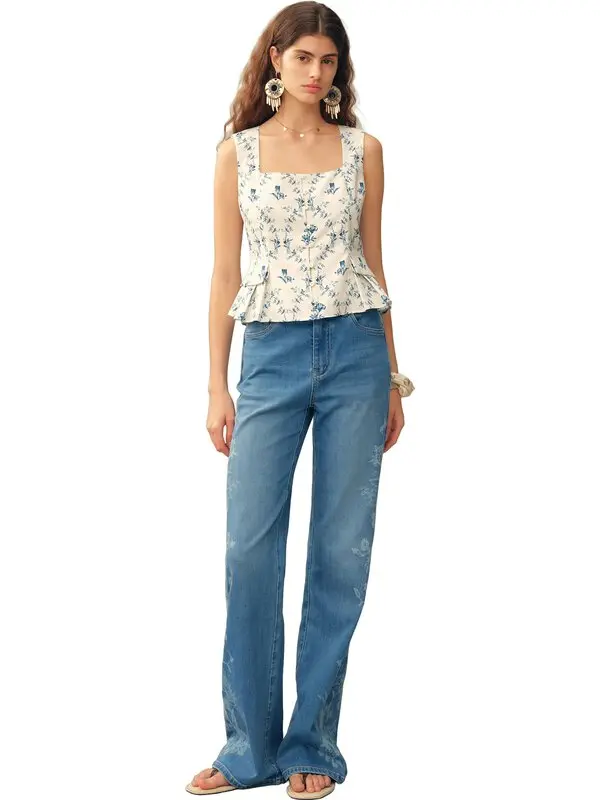 Fabrique Elara Pleated Floral Square Neck Sleeveless Top - Multicolor