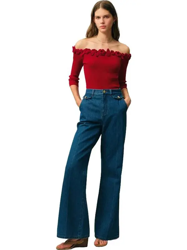 Fabrique Giulietta 3d Floral One Shoulder Short Sleeve Knit Top - Red