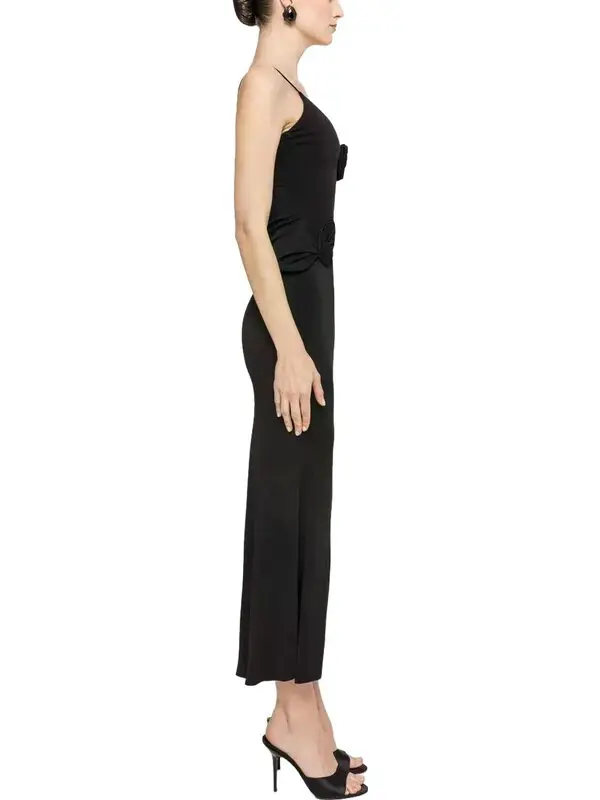 NISSA Floral Appliqué Midi Dress - Black