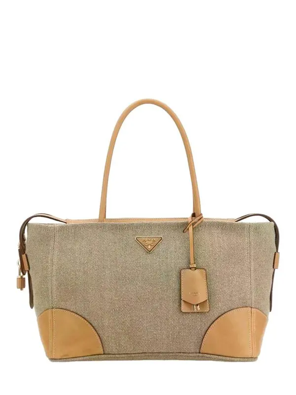 Prada Large Canvas Tote Bag With Leather Trim - Neutrals