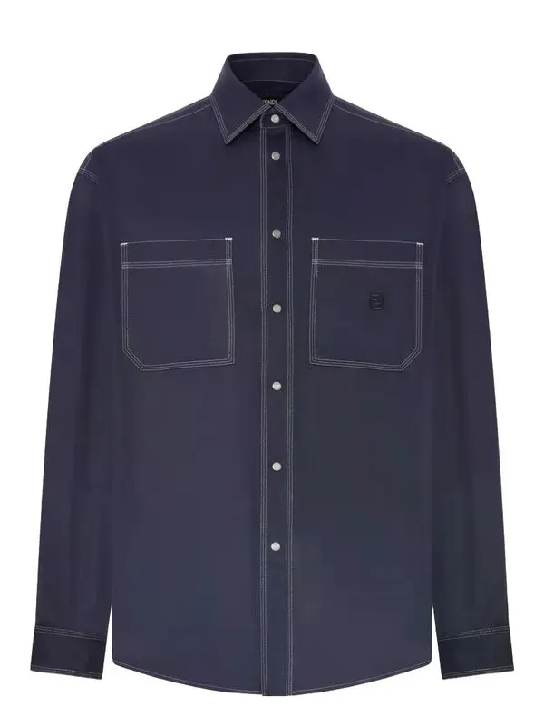Fendi Contrast-stitch Logo-patch Shirt - Blue