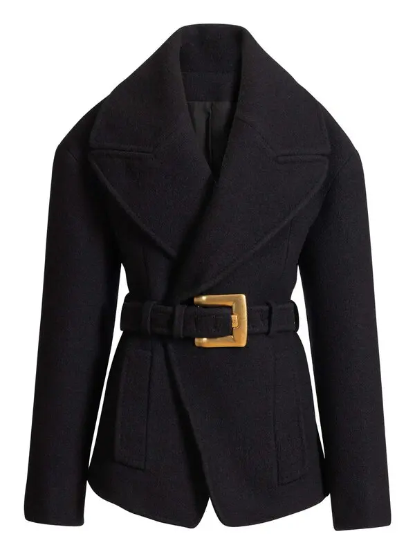 Balmain Belted Wool Pea Coat - Black