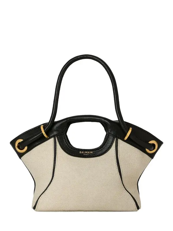 Balmain Small Tote In Smooth Leather And Canvas - Beige