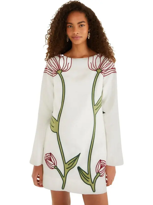Farm Rio Floral Embroidered Long Sleeve Mini Dress - Off-white