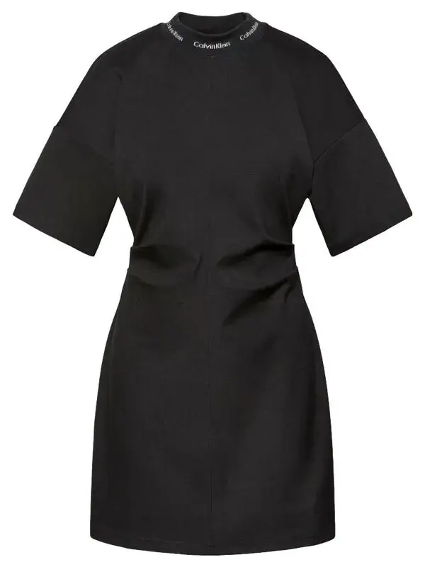 Calvin Klein Gathered Waist Mini Dress With Logo-print Collar - Black