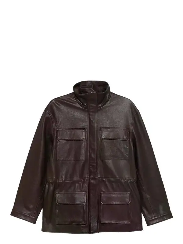 Sandro Oversized Leather Jacket With Stand-up Collar - Brown
