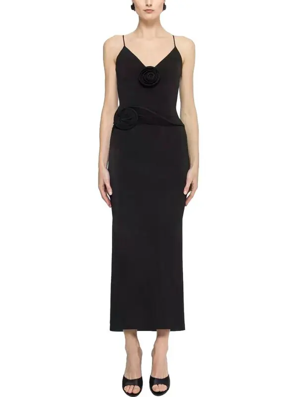 NISSA Floral Appliqué Midi Dress - Black