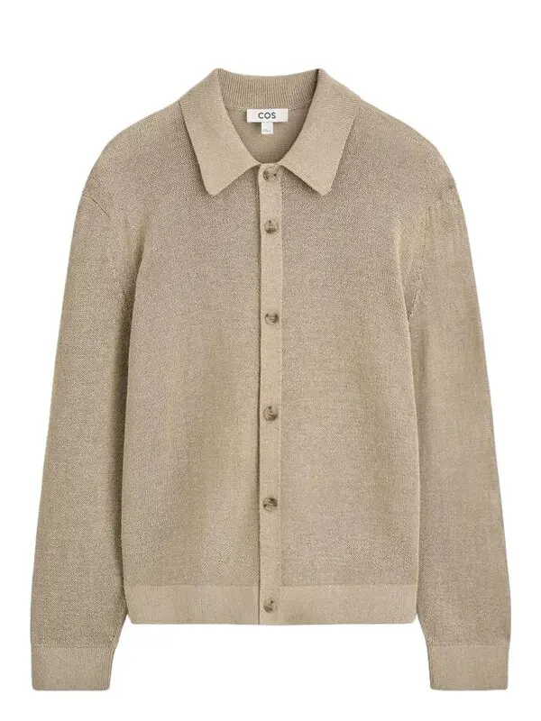 Cos Knitted Cotton-paper Blend Cardigan With Collared Neck - Beige