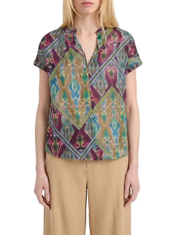 Momoni Short Sleeve Ethnic Print Cotton Shirt - Turquoise
