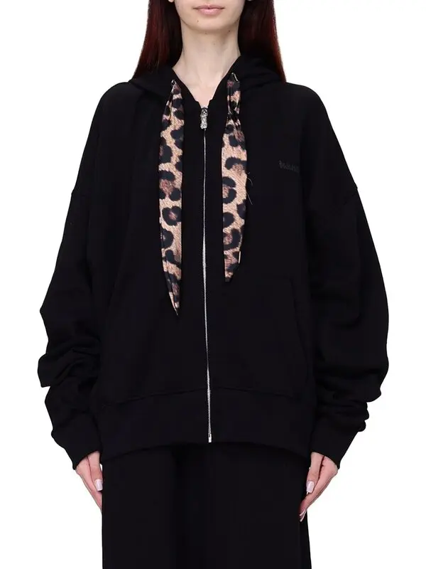 DISCLAIMER Oversized Cotton Zip-up Hoodie With Animal Print Detail - Black