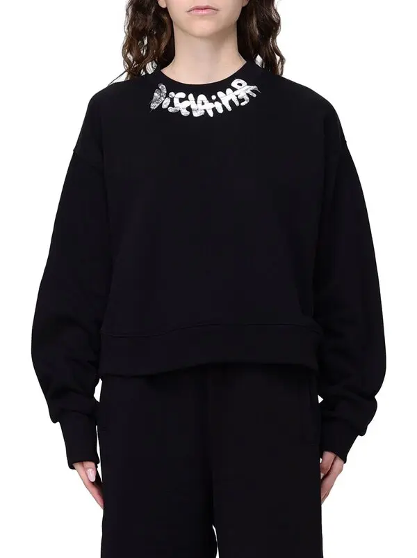 DISCLAIMER Cropped Cotton Jumper With Printed Logo And Crew Neck - Black