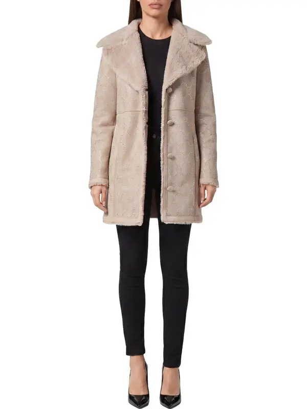 Philipp Plein Single-breasted Shearling Coat With Rhinestone Hexagon Logo - Beige