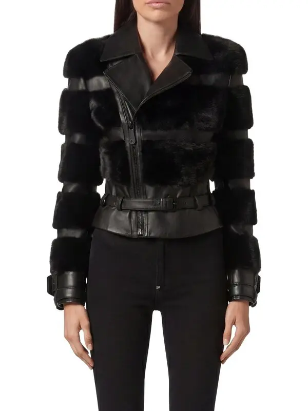 Philipp Plein Nappa Leather Biker Jacket With Mink Fur Details - Black