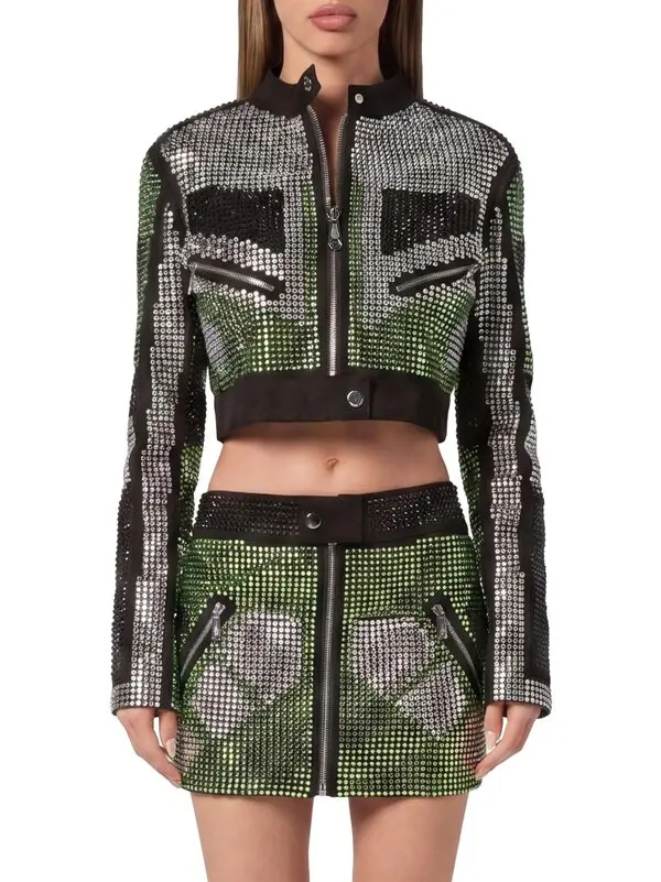 Philipp Plein Cropped Embellished Suede Biker Jacket - Green