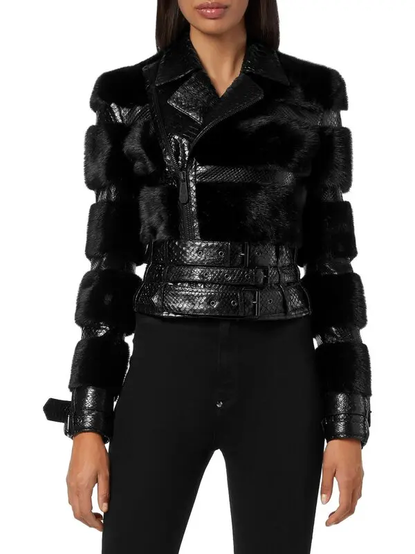 Philipp Plein Snakeskin Biker Jacket With Mink Fur Details - Black